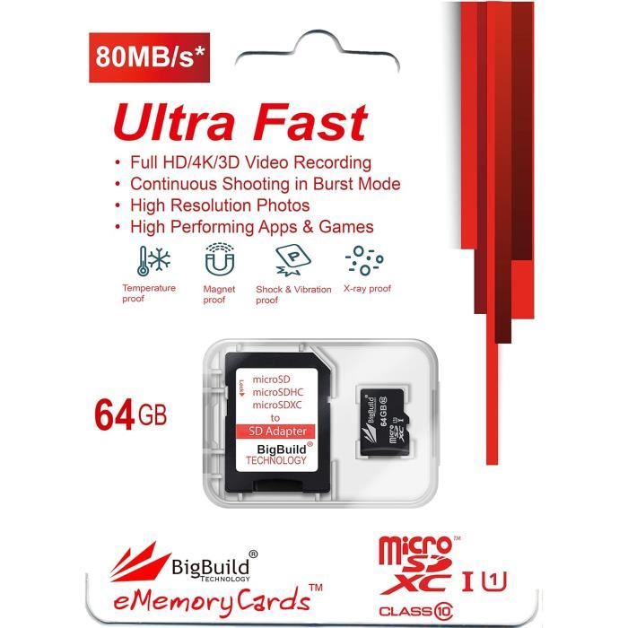 Ememorycards 64 Go 80Mo-S Ultra Rapide Microsd Carte Mémoire Pour ...