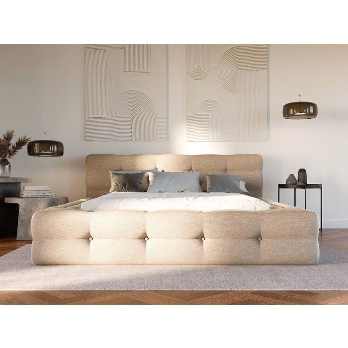 Lit capitonné 160 x 200 cm - Tissu chiné - Beige - LERUCO - Cdiscount ...