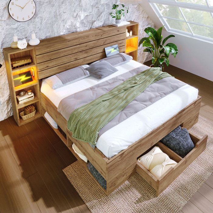 Lit Double en Bois Massif 160x200cm, Lit Coffre avec LED & USB-C,Tête ...