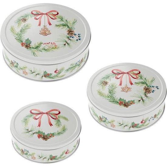 Lot De 3 Boîtes À Biscuits Rondes En Métal - Motifs Hivernaux De Noël ...