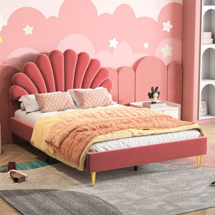Lit adulte 140x200 cm - TANANT - Tête de lit fleur - Velours rouge - 2 ...