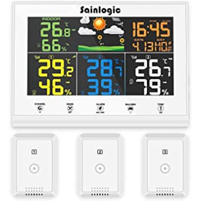 Station Météo Sans Fil Avec 3 Capteurs Extérieurs, Prévisions Météo, Écran Couleur, Thermomètre ...