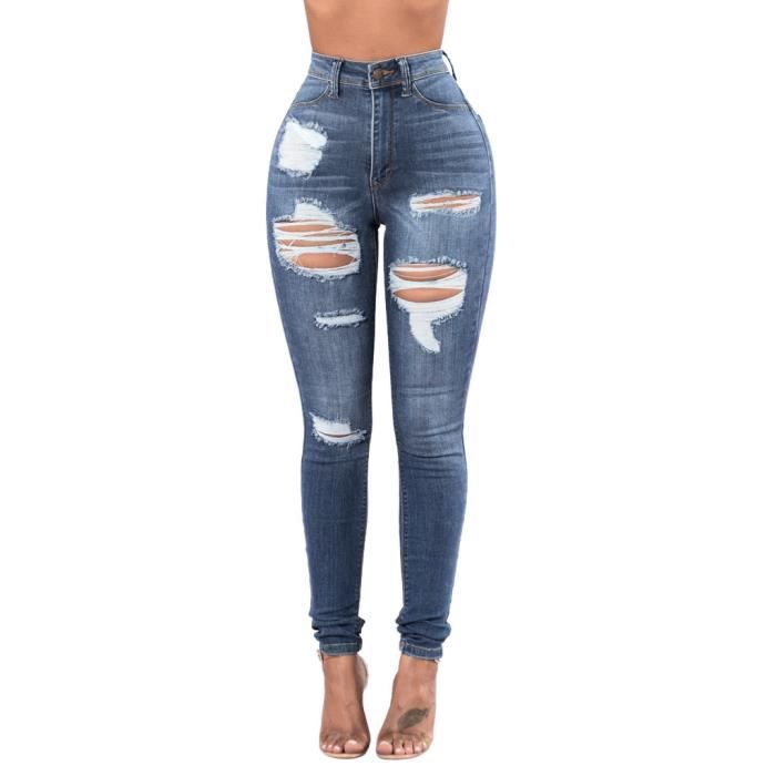 Lady Taille Haute Skinny Trou Denim Jean Stretch Pantalon Slim Longueur