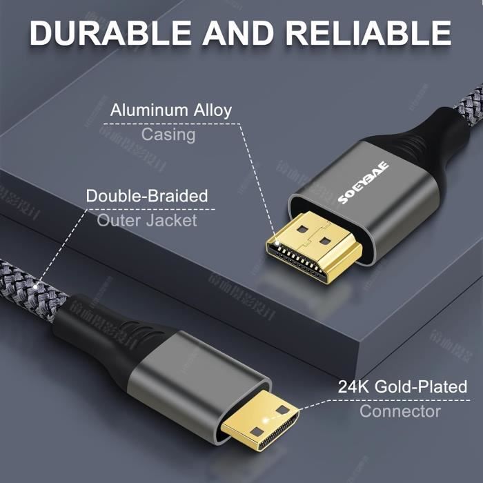 Câble Mini HDMI vers HDMI 5M,Nylon tressé 4K 60Hz 1080p,Supporte 3D ...