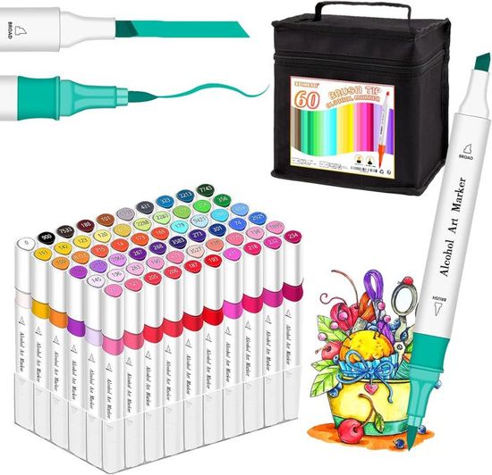 60 Couleurs Feutre A Alcool, Marqueurs Stylos Permanents Brush Alcohol ...