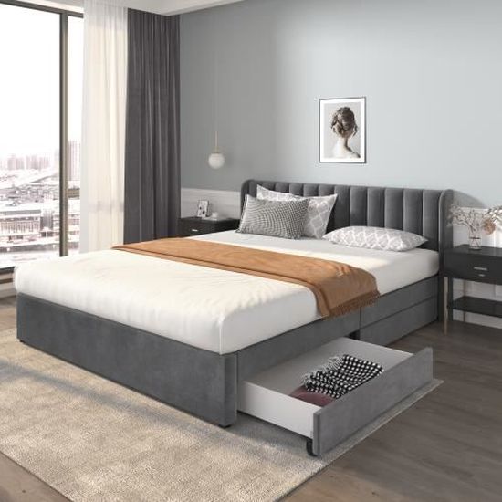 MERAX Lit capitonné 180 x 200 cm velours avec dossier à lattes 2 ...