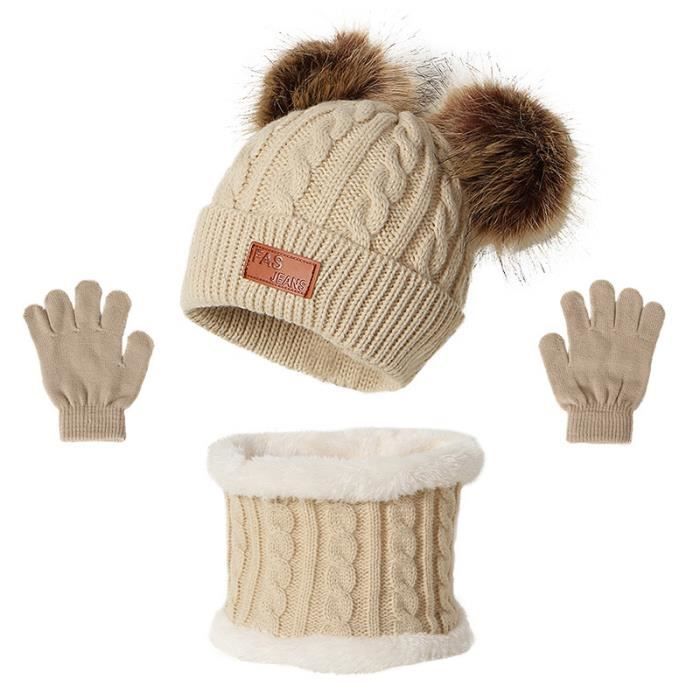 Bonnet Enfant Garçon Fille 3 en 1 - Beige - Hiver avec Pompon, Cache ...