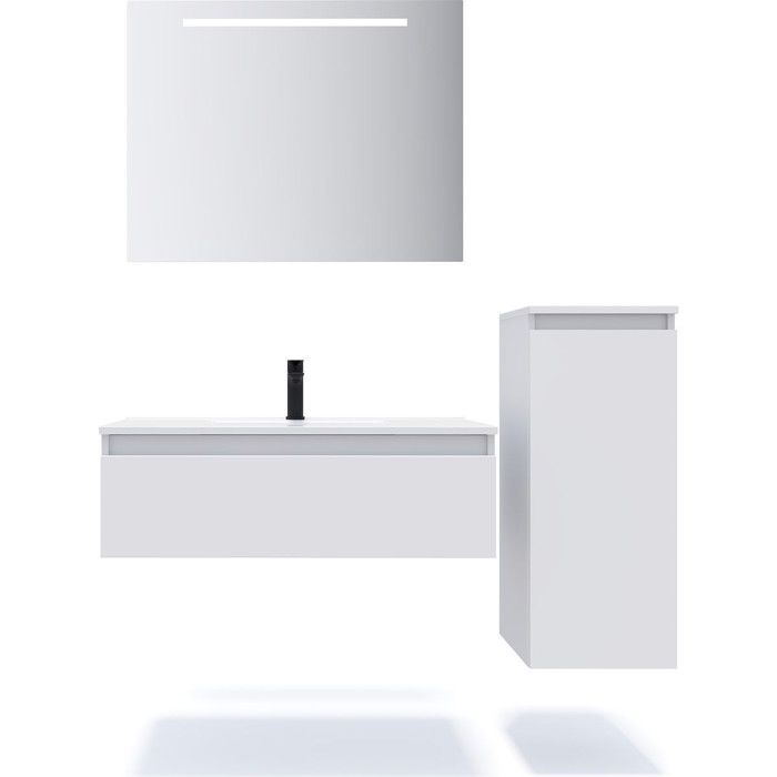 Ensemble salle de bain vasque intégrée 90cm 1 tiroir Blanc + miroir ...