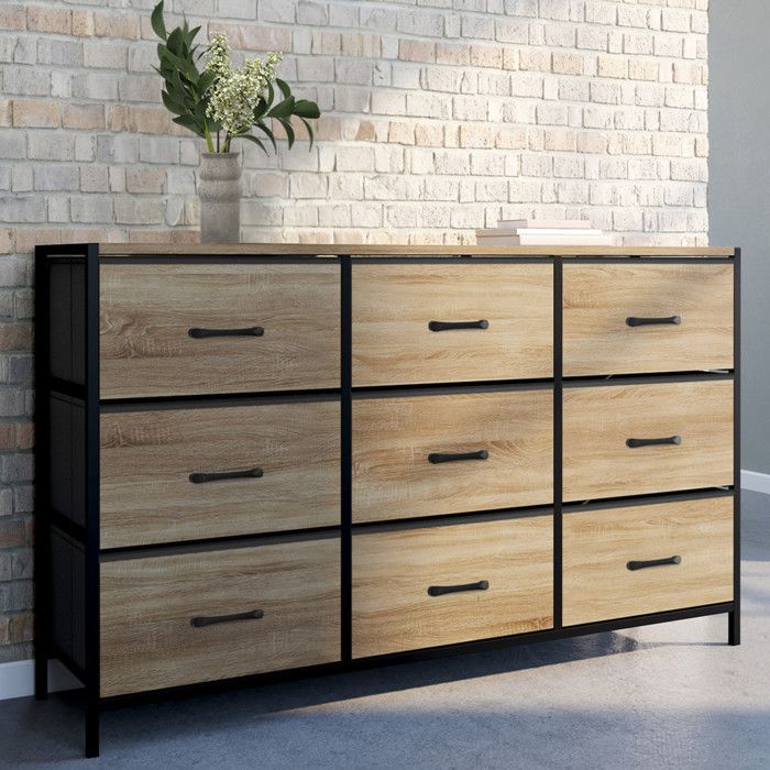 IDMARKET Commode 9 tiroirs en tissu UTAH 115 cm meuble de rangement design industriel ...