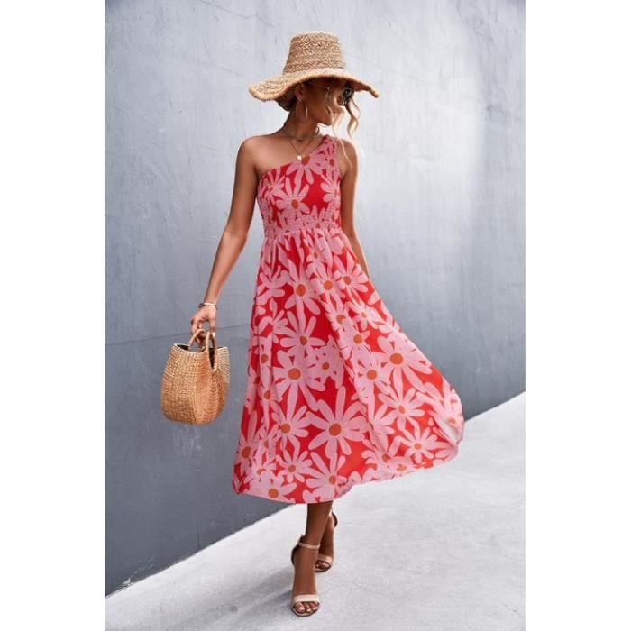 Robe taille haute sexy à fleurs et épaules dénudées pour femmes - Rouge ...