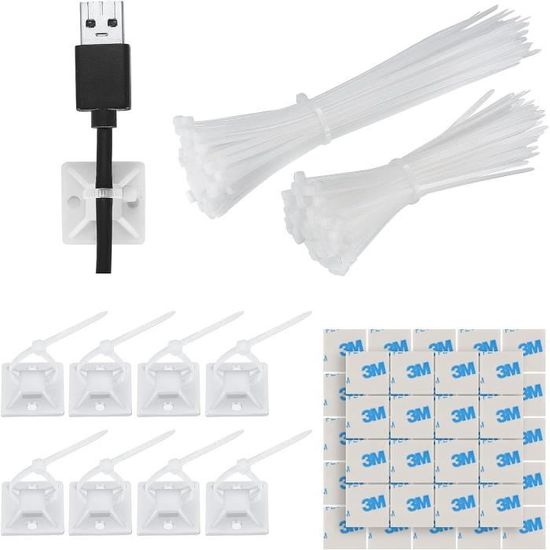 200 Pièces Attache Cable et 100 serre câbles autocollants-attache cable adhesif, Nylon collier ...