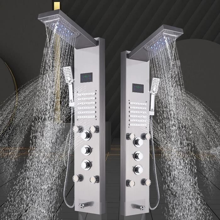 TJS-Colonne de Douche LED Système Argent Brossé en Acier Inoxydable de ... TJS-Colonne de Douche LED Système Argent Brossé en Acier Inoxydable de ...
