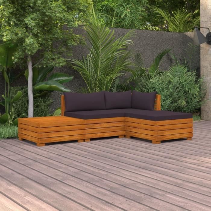 MOO Salon de jardin 4 pcs avec coussins Bois d'acacia solide ...
