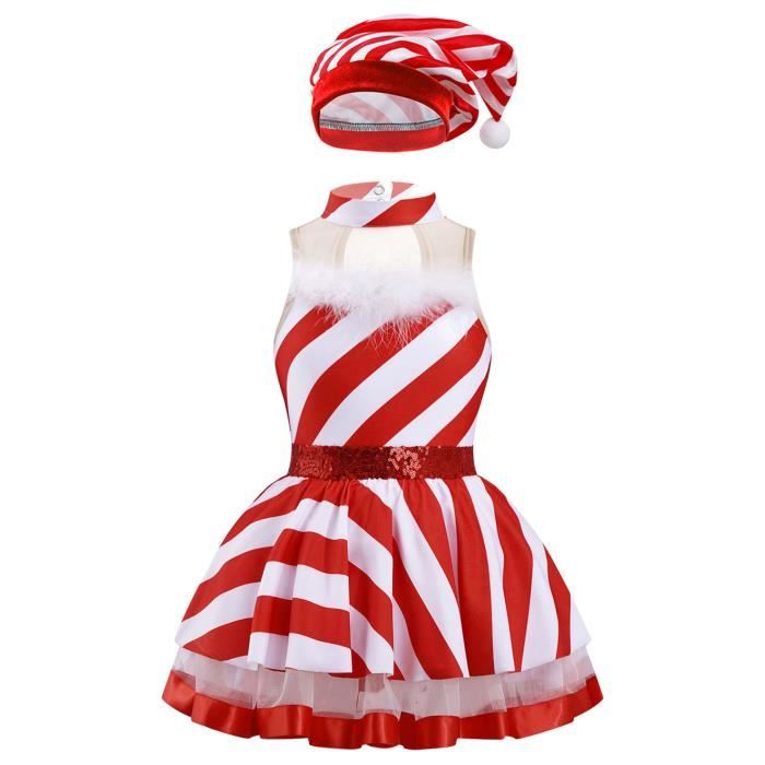 Dpois Robe Cérémonie Enfant Fille Robe Noël Lutin Elfe Rayure Rouge Et