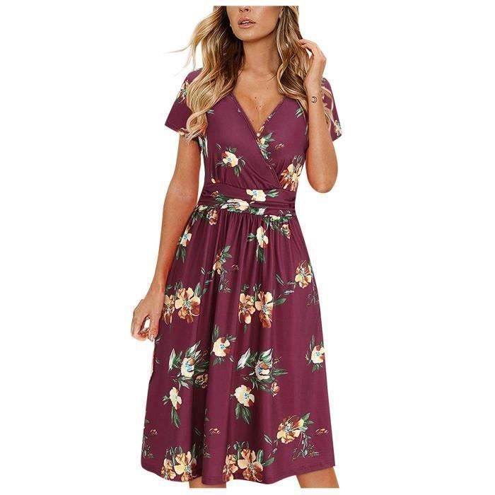 Robe Femmes Décontracté Col En V À Manches Courtes D'été Imprimé Fleur ...