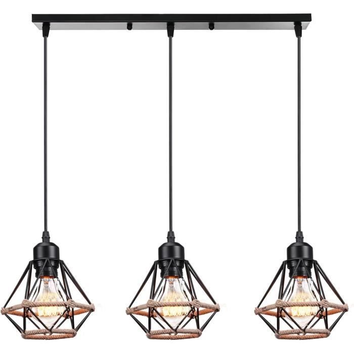 Lustre Suspension Industrielle Design 3 Lampes Diamant Chanvre Corde ...