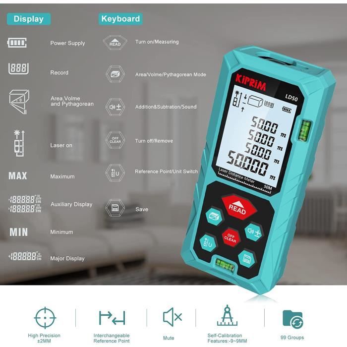Télémétre Laser 50M,Mètre Laser Numérique avec Réflecteur,2 Niveaux à ...