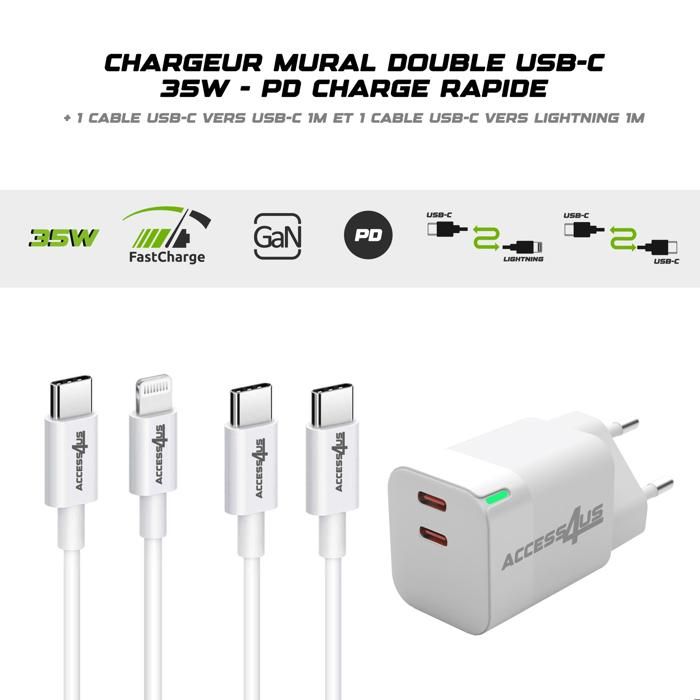 Chargeur Secteur Mural double USB-C - 35w - PD charge rapide + 1 cable USB-C vers USB-C 1m et 1 ...
