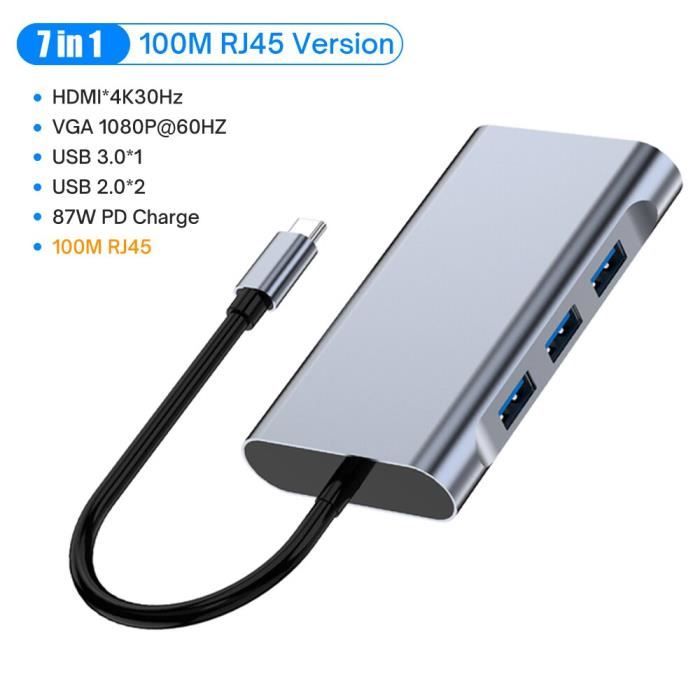 Version RJ45 100M - Hub 7 en 1 USB 3.0 Type C, adaptateur pour USB HDMI ...