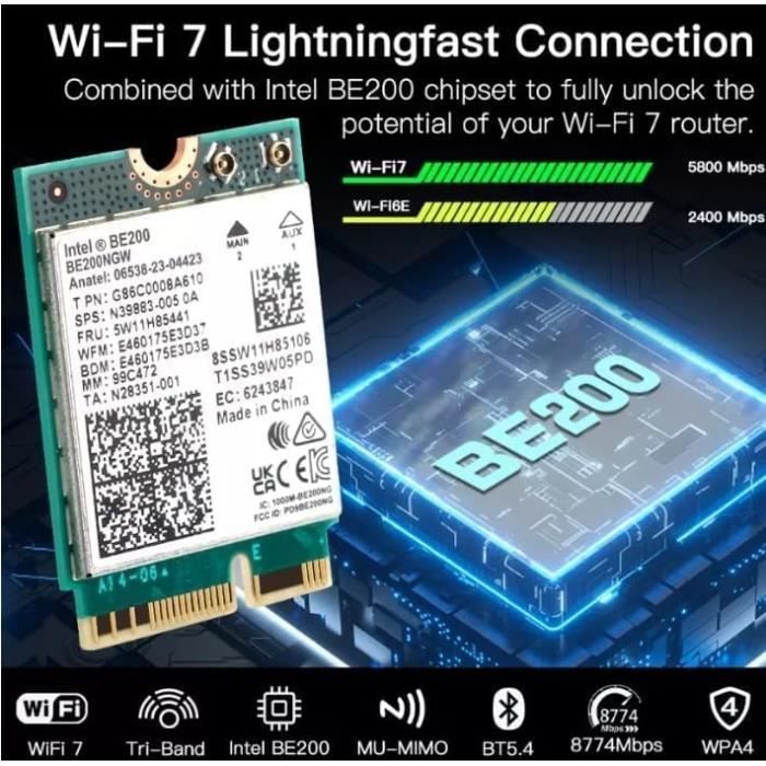 Wifi 7 Intel Be200 Carte Réseau Sans Fil Be200Ngw | Bluetooth 5.4 | 8774 Mbit-S | 802.11Ax Mu ...