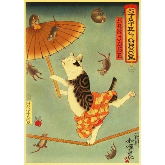 Tableau - Toile,Affiche de dessin Animé japonais samouraï chat Ramen nostalgie,décoration de ...