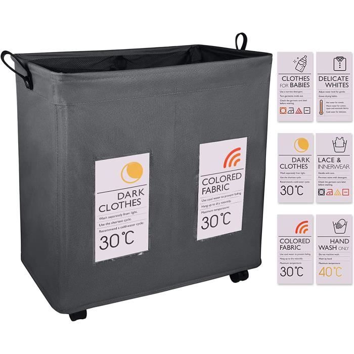 Panier à Linge Roulette, 2 Compartiment Bac à Linge avec 6 Cartes ...