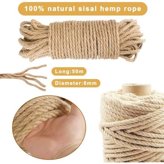 Corde Arbre à Chat, 50 m Corde Jute, Ficelle Corde 6mm, Naturel Corde ...