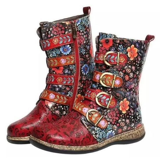 Femme Bottes Plates Vintage Bout Rond Bottes Mi-mollet Talon Bloc ...