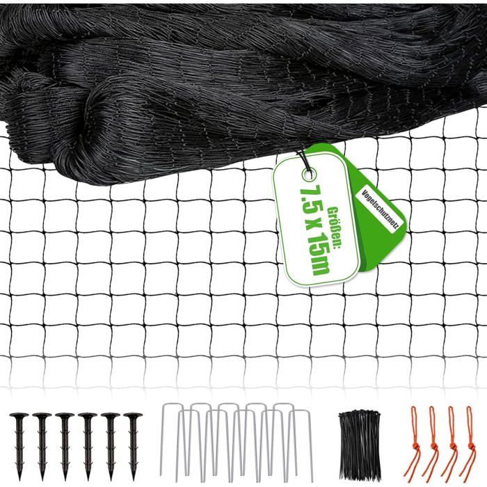 Filet de protection contre les oiseaux, 7,5 m x 15 m, avec filet de 6 cm, pour jardin, étang ...