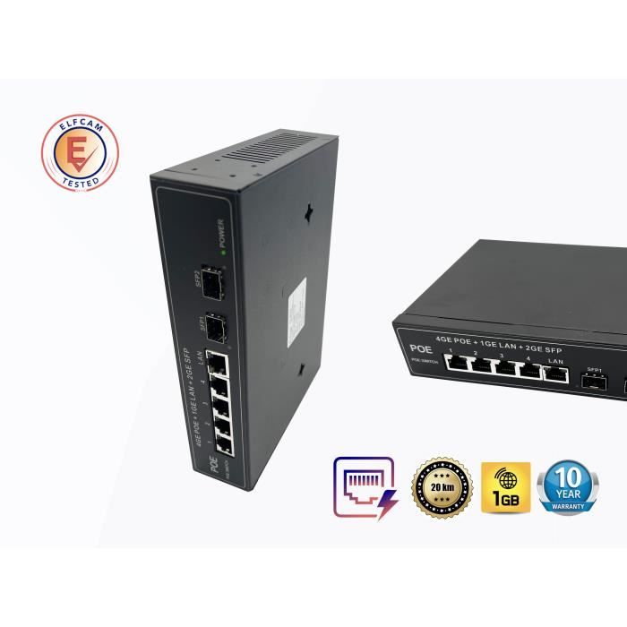 Elfcam® - PoE Commutateur Switch Fibre Optique avec 2 Ports SFP 1,25Go, 4 Ports PoE Gigabit ...