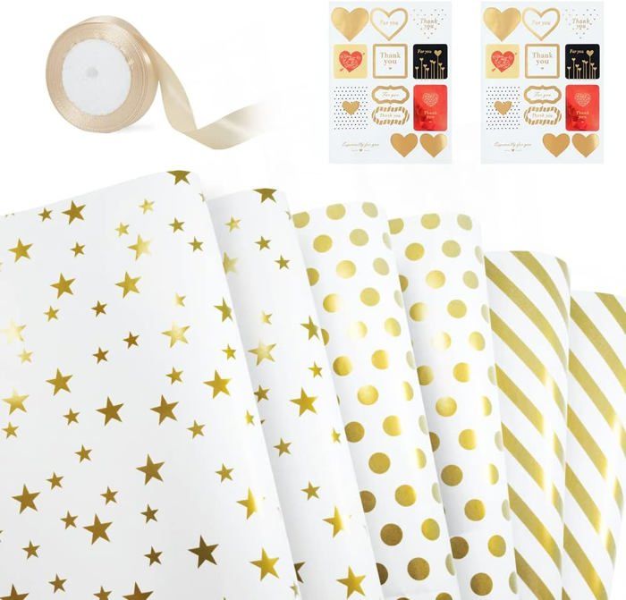 Ensemble Papier Cadeau or blanc, 6 feuilles papier emballage or blanc 2 ...