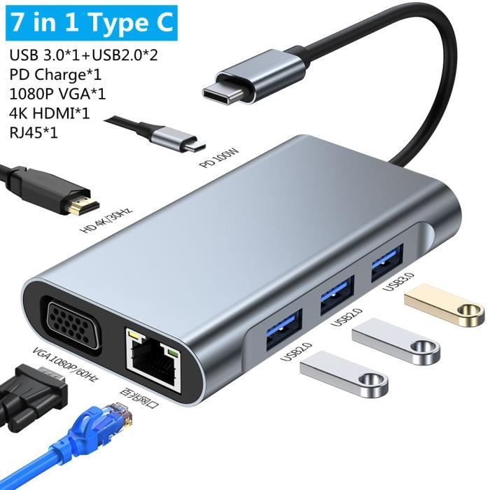 7 en 1 A - Type C Dock USB C Hub 3.0 Splitter Multiport adaptateur 4K HDMI RJ45 SD-TF VGA HDMI ...