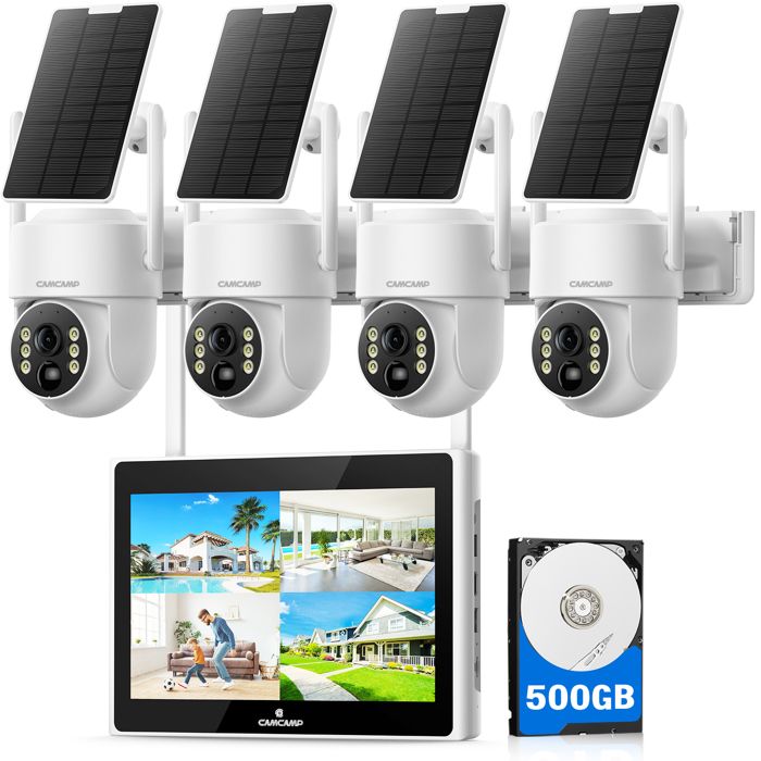 CAMCAMP Kit Caméra Surveillance Solaire WiFi Exterieure Sans Fil 4MP avec 10" NVR écran 500GB ...