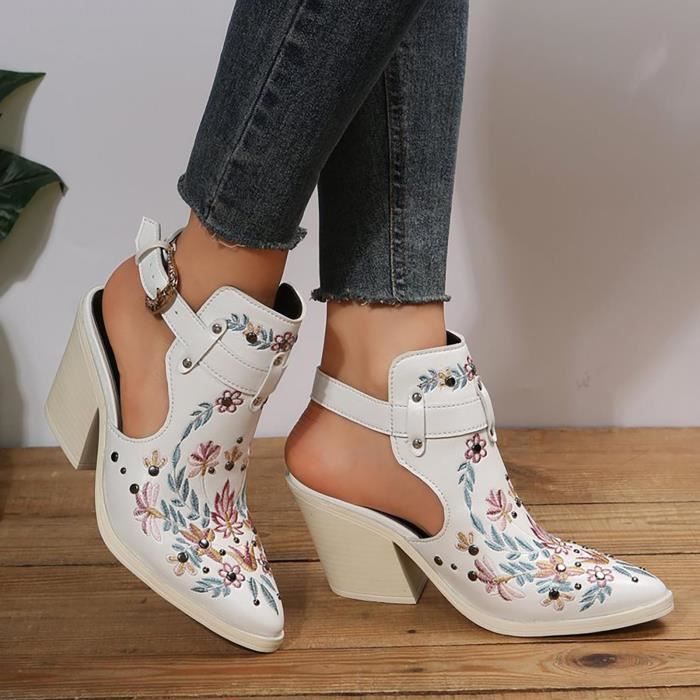 Chaussures d'été pour dames brodées à talons hauts sandales à bout ...