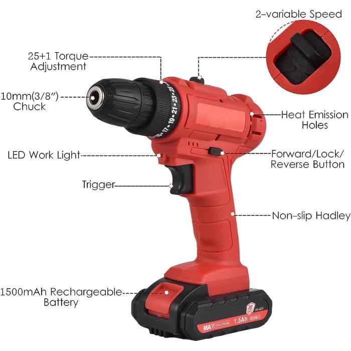 Perceuse Électrique Sans Fil Portable 21 V Mandrin 3-8" Perceuse ...