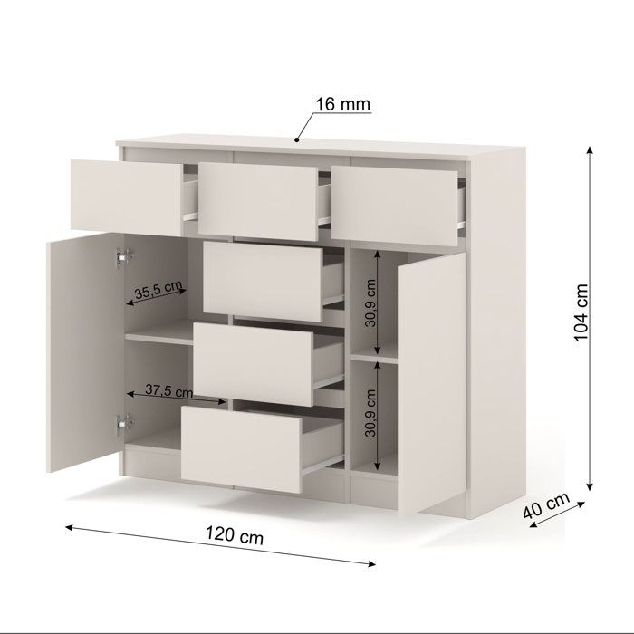 Commode MAJA 2D6S 120 cm cachemire – 6 tiroirs, 2 compartiments ...