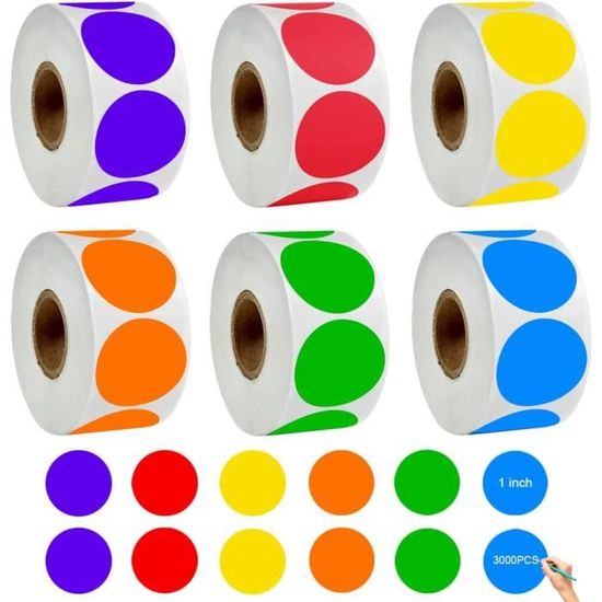 3000 Pièces Gommettes Rondes Couleur 25Mm Gomettes Autocollantes ...