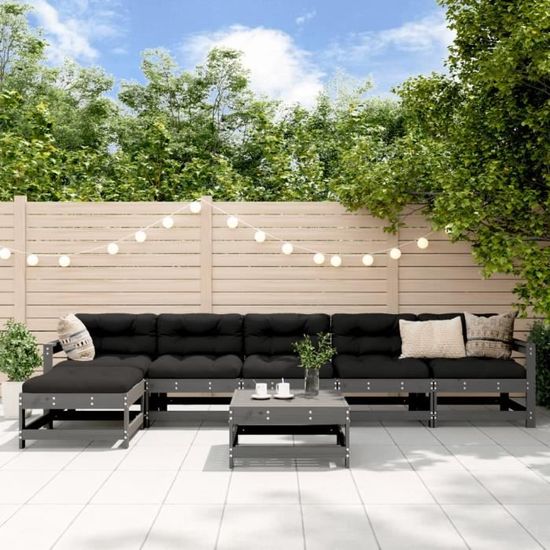 MOO Salon De Jardin 7 Pcs Gris Bois De Pin Massif 7892716635224 ...