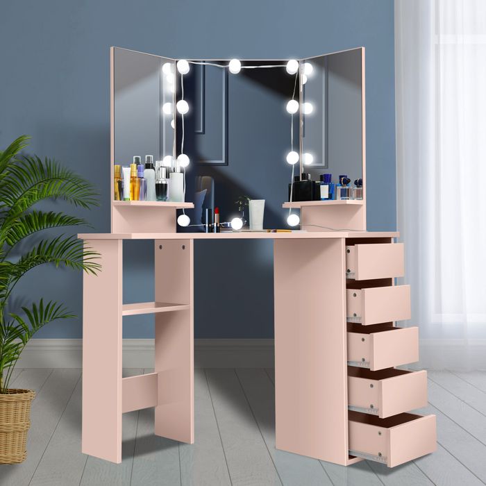 Coiffeuse d'Angle Rose avec Miroir et LED - ELOKLEM - Coiffeuse Meuble ...