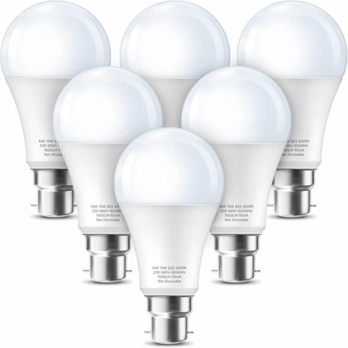 Ampoule Led Blanc Froid 6000K B22,15W Équivalent 150W Ampoule Baillonette Culot Super Brillant ...