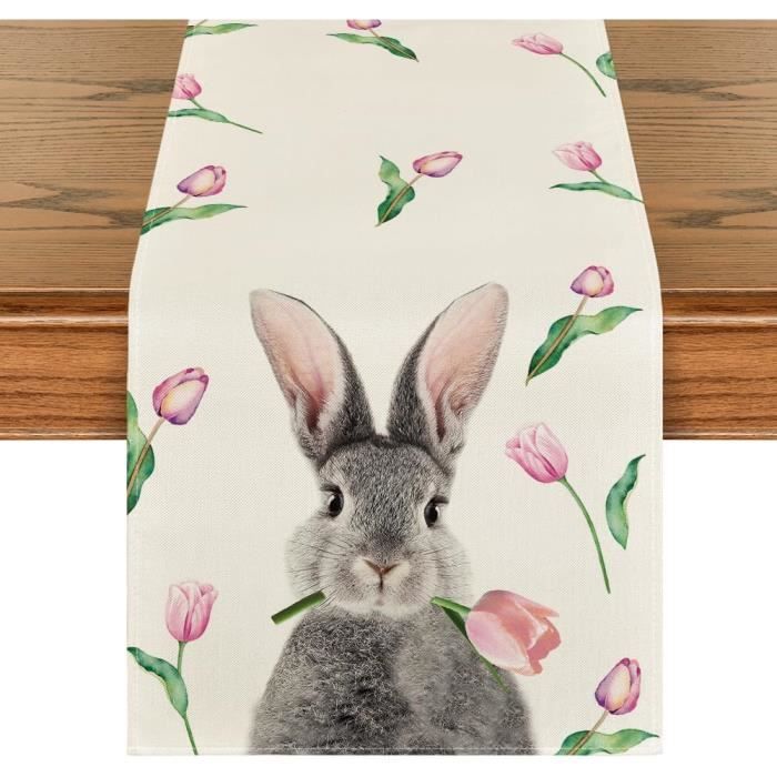 Chemin De Table - Motif Tulipe Et Lapin De Pâques - Lavable, Moderne - Décoration Printemps ...
