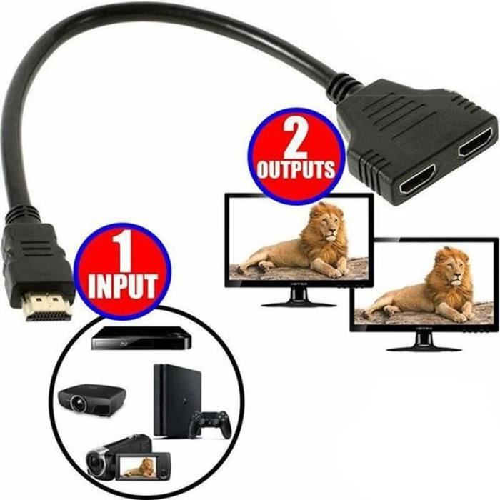 QF04260-Adaptateur Prise HDMI Mâle vers Double HDMI Femelle Multiprise ...