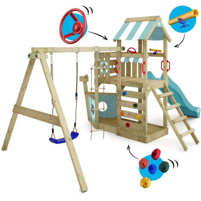 Aire de jeux bois WICKEY SeaFlyer style bateau avec toboggan 220 cm ...
