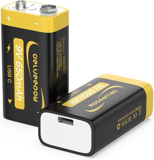Piles 9v Rechargeable Lithium 650mAh,Pile 9V Lithium Rechargeable USB C ...