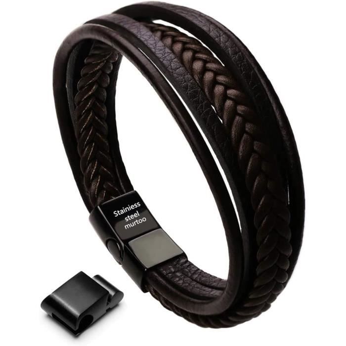 Homme Cuir Véritable Bracelet Et Acier Inoxydable Bracelet Multi Tissé ...