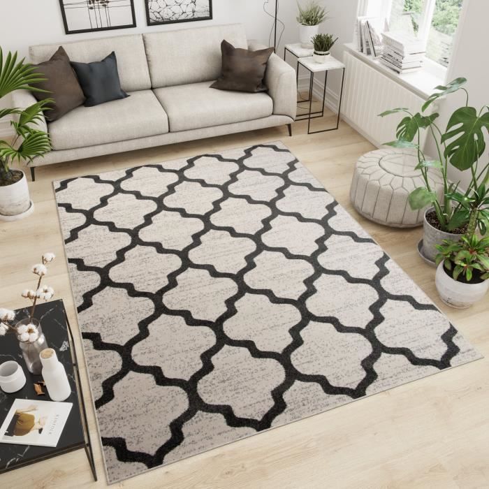 TAPISO Maroko Tapis de Salon Chambre Design Moderne Crème Noir Trèfle Marocain Poil Court Fin ...