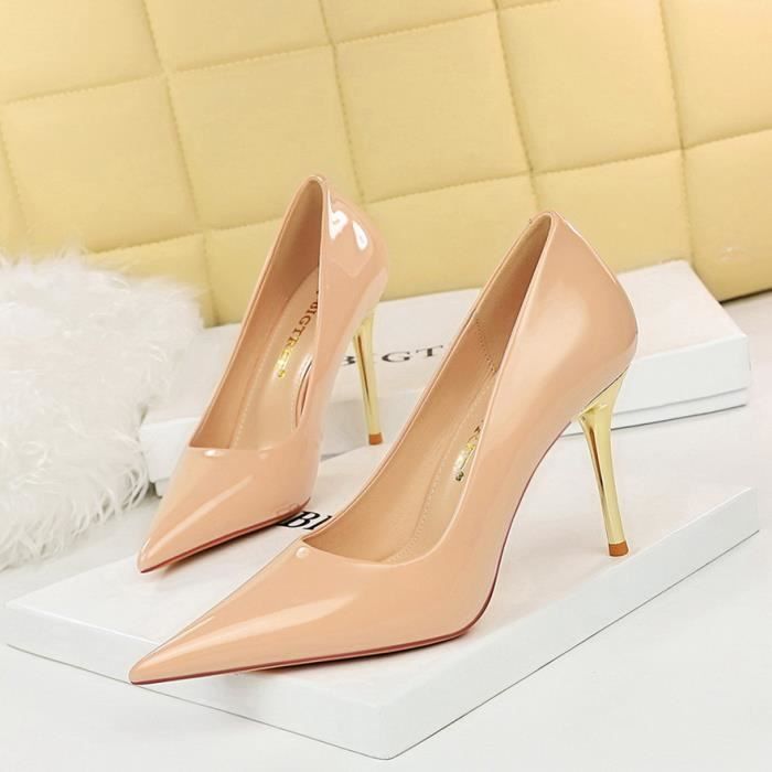 Escarpin Femme - Beige - Talon Aiguille - Bout Pointu - Cuir Verni ...