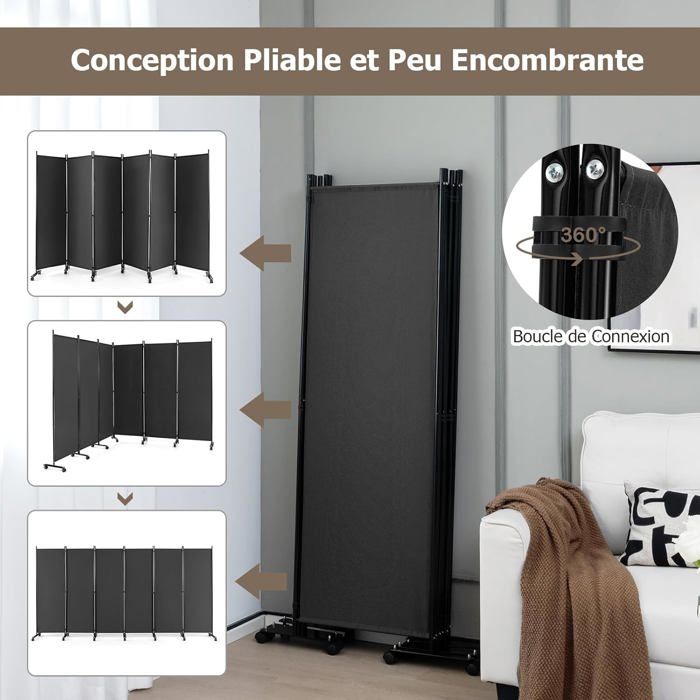 GIANTEX Paravent à 6 Panneaux Pliable à Roulettes-334,5x 172 cm-Closion ...