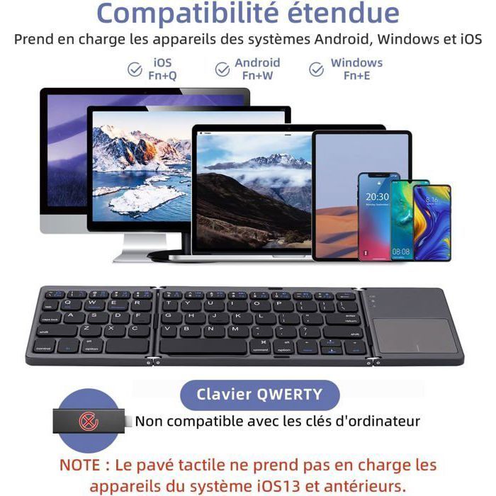 Clavier Bluetooth Pliable Avec Clavier Tactile Sans Fil Touchpad Pour Tablette, Téléphone ...