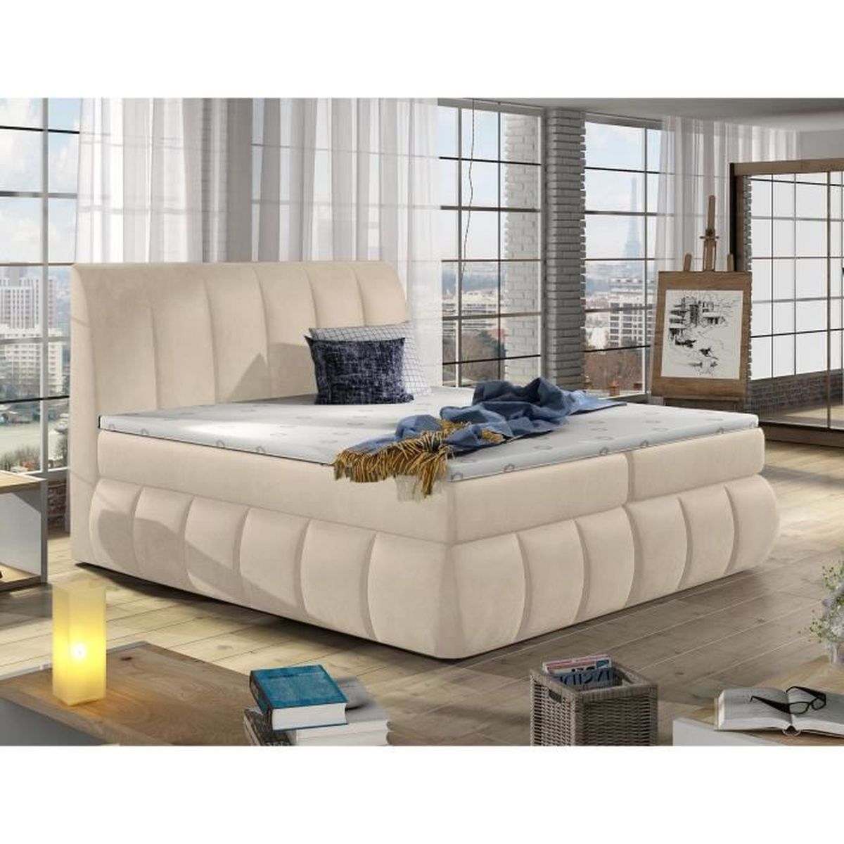 Lit boxspring 160x200 avec coffre de rangement en velours beige VALERIA ...